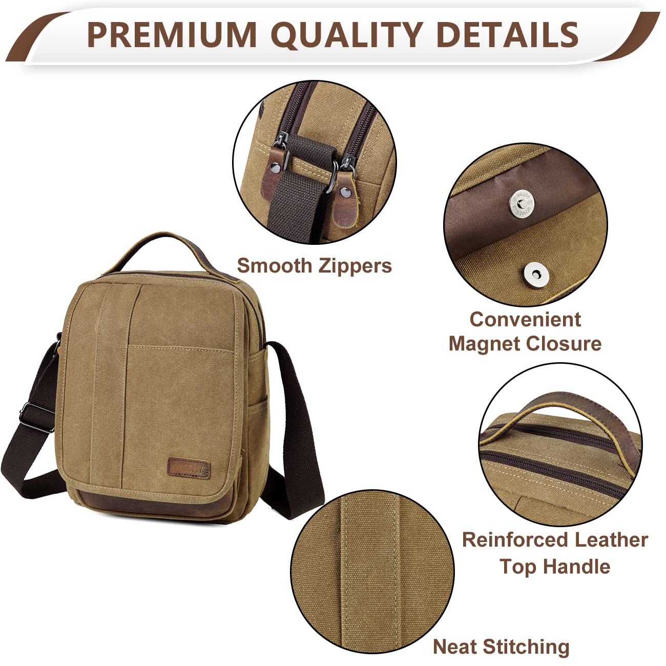 VASCHY Messenger Bag Small, Canvas Water Resistant Crossbody Shoulder Bag Purse for Men and Women Camel