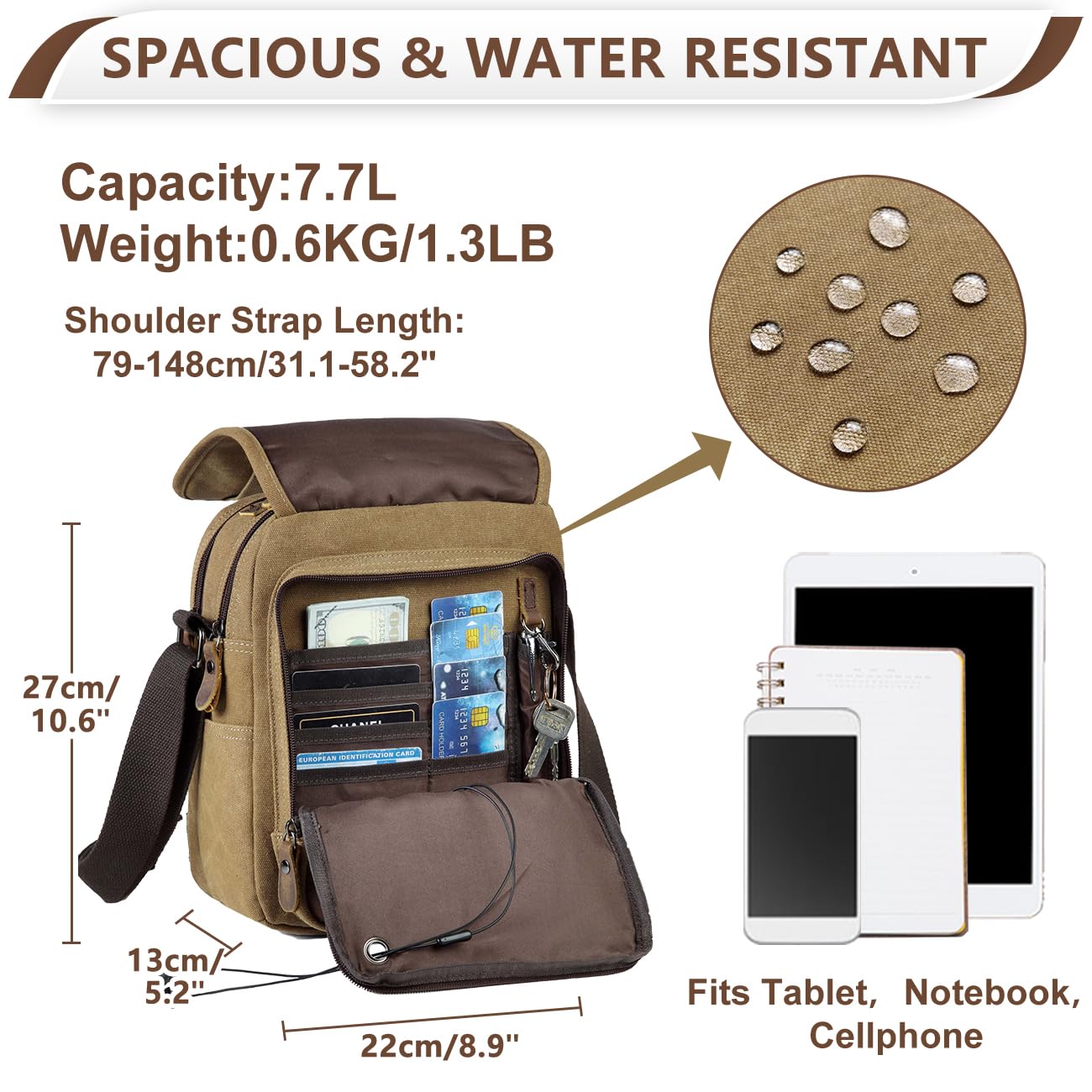 VASCHY Messenger Bag Small, Canvas Water Resistant Crossbody Shoulder Bag Purse for Men and Women Camel