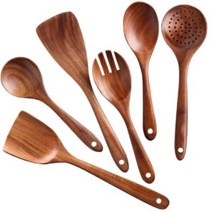 meiyon wooden spoons for cooking ,non stick spatula utensil set non-stick cookware, pan kitchen tool wooden spoons and wooden spatula for cooking salad fork, kitchen utensils -6pcs