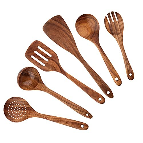 Meiyon Wooden Spoons for Cooking ,Non stick spatula utensil Set Non-stick cookware, Pan Kitchen Tool Wooden Spoons and Wooden spatula for cooking salad fork, Kitchen Utensils -6pcs