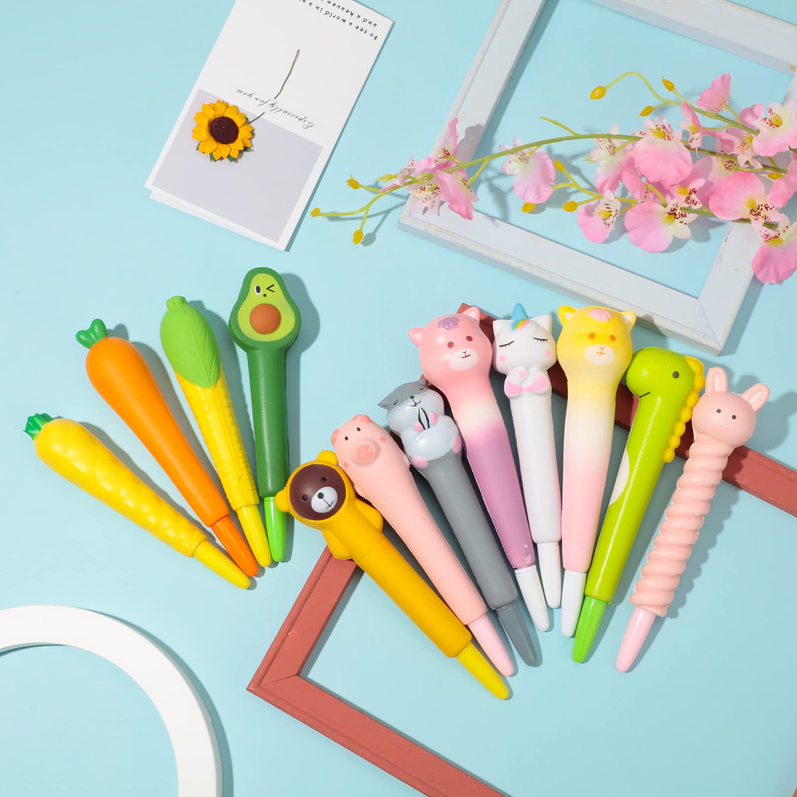 24 Pcs Cute Kawaii Pen Accessories For Girl Animal Fruit Shaped Stress Relief Supplies Gel Ink Pens with Replacement Refills for Kids Students School Office