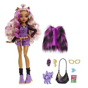 monster high doll, clawdeen wolf with purple streaked hair in signature look with fashion accessories & pet dog crescent