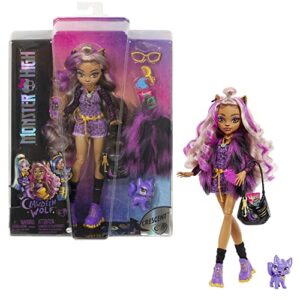 Monster High Doll, Clawdeen Wolf with Purple Streaked Hair in Signature Look with Fashion Accessories & Pet Dog Crescent