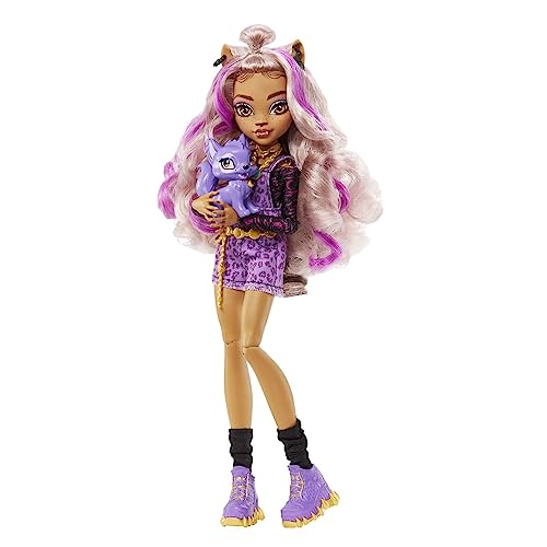 Monster High Doll, Clawdeen Wolf with Purple Streaked Hair in Signature Look with Fashion Accessories & Pet Dog Crescent