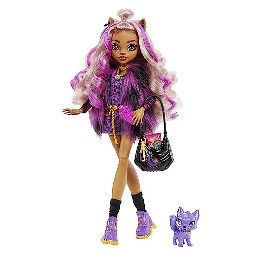 Monster High Doll, Clawdeen Wolf with Purple Streaked Hair in Signature Look with Fashion Accessories & Pet Dog Crescent