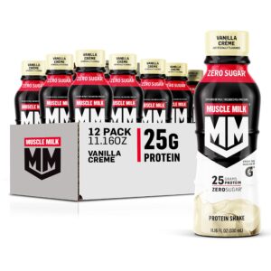 muscle milk genuine protein shake, vanilla creme, 11.16 fl oz bottle, 12 pack, 25g protein, zero sugar, calcium, vitamins a, c & d, 5g fiber, energizing snack, workout recovery, packaging may vary