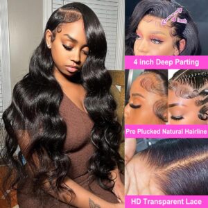 GABRIELLE 26 Inch Body Wave Frontal Wigs Human Hair HD Lace Front Wigs Human Hair 13x4 Body Wave Lace Frontal Wig 180% Density Pre Plucked Lace Wigs for Women Brazilian Human Hair Black Glueless Wigs