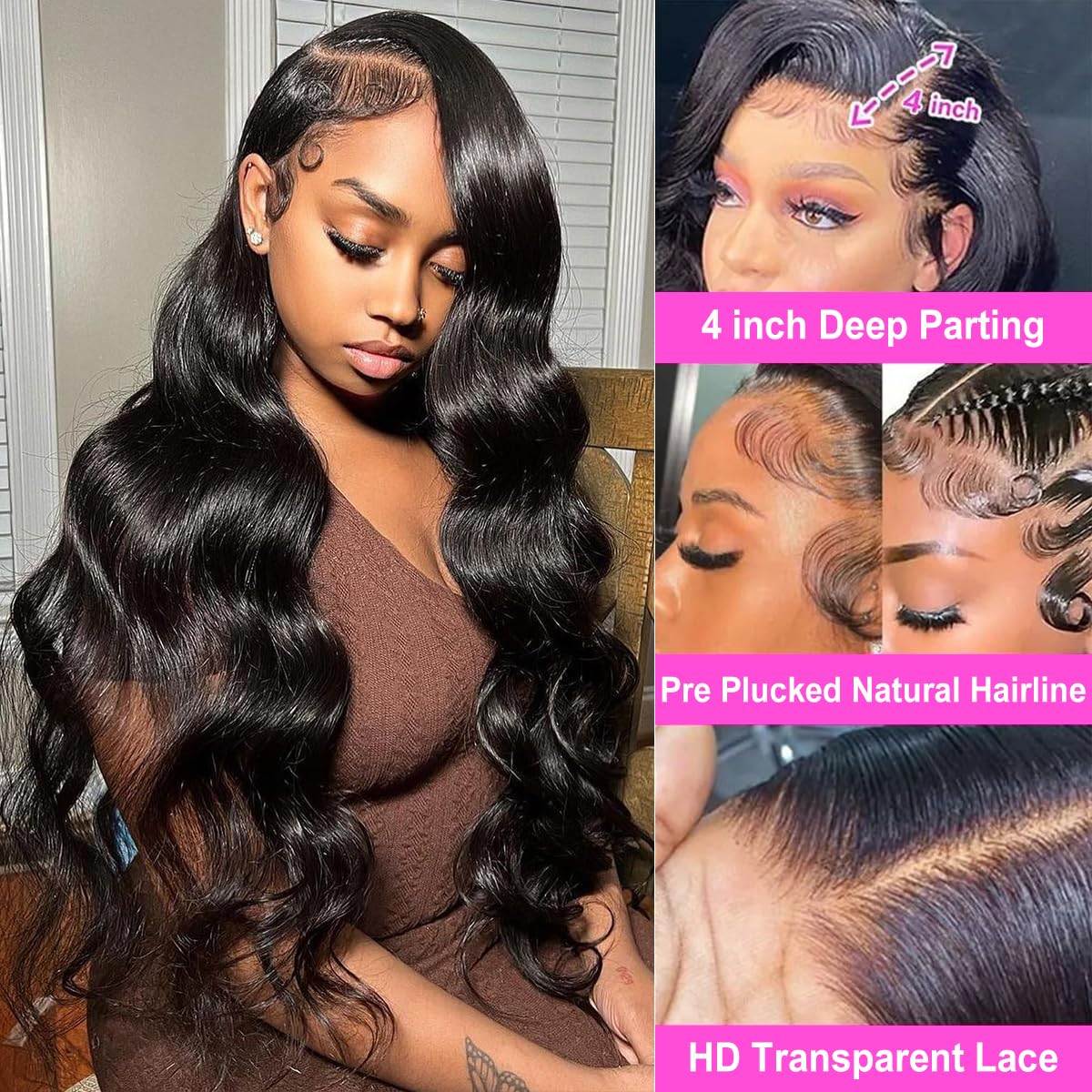 GABRIELLE 26 Inch Body Wave Frontal Wigs Human Hair HD Lace Front Wigs Human Hair 13x4 Body Wave Lace Frontal Wig 180% Density Pre Plucked Lace Wigs for Women Brazilian Human Hair Black Glueless Wigs