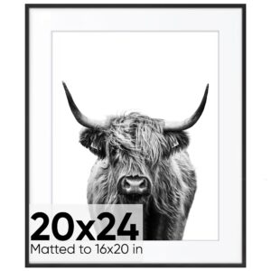 homeforia 20x24 black frame matted to 16x20 - metal 20 x 24 picture frames for wall - aluminum 20 by 24 poster frame - tempered glass - wall hook included - set of 1