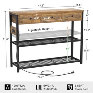 Ecoprsio 47'' Entryway Table with Outlets and USB Ports, Console Table with 3 Drawers, Sofa Table Narrow Long with Storage Shelves for Living Room, Couch, Hallway, Foyer, Kitchen Counter, Rustic Brown