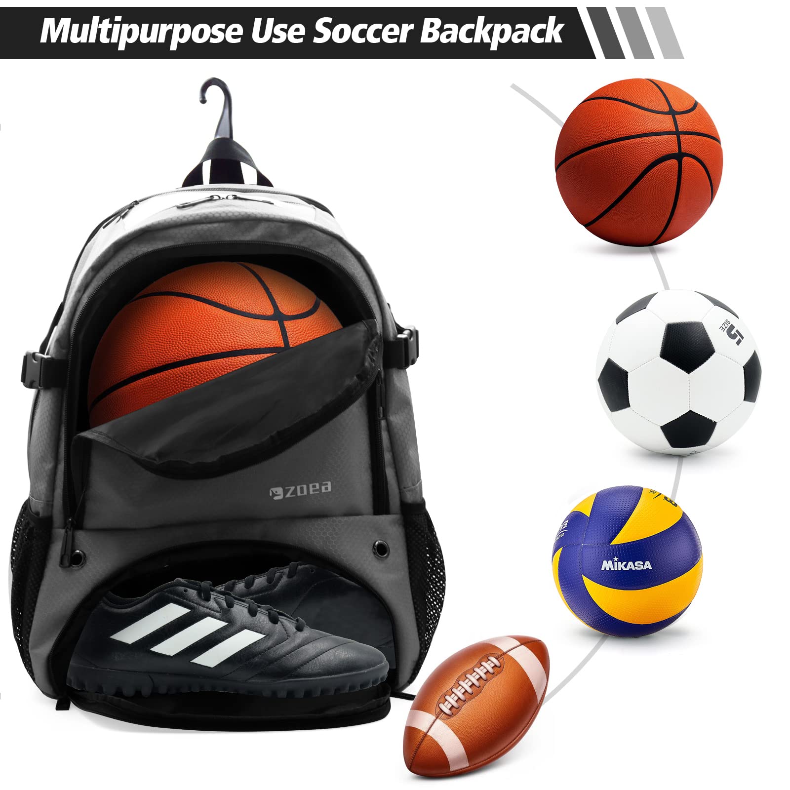 ZOEA Large Basketball Bag - Backpack for Basketball, Soccer & Volleyball Football Gym Includes Shoe & Ball & Laptop Compartment (Grey)