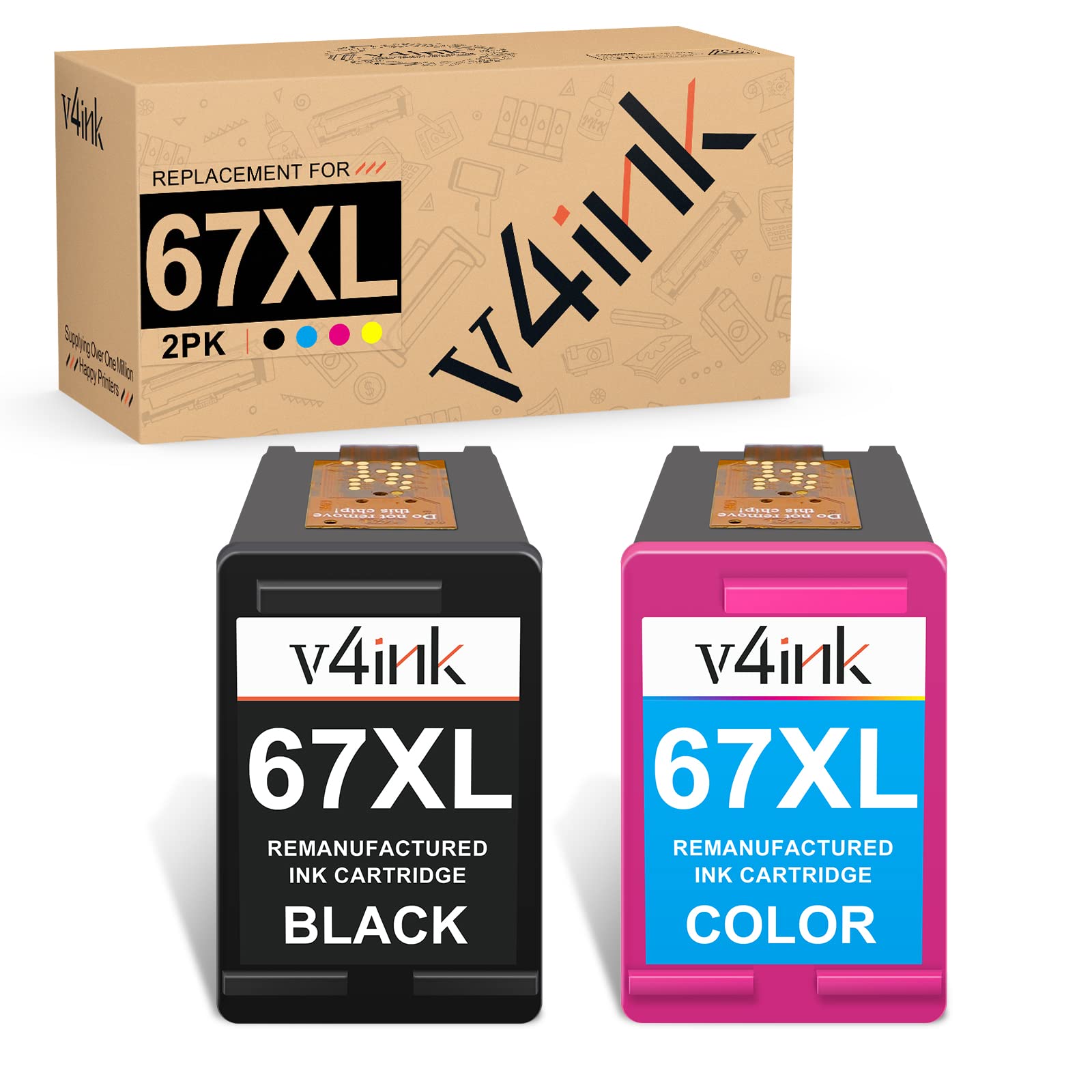 v4ink 67XL Remanufactured Ink Cartridge Replacement for HP 67 XL Compatible with DeskJet 1210 1215 1255 2300 2700 2710 DeskJet Plus 4122 4121 4123 Envy 6022 6030 6032 Envy Pro 6422 6430 6432 (K+T)