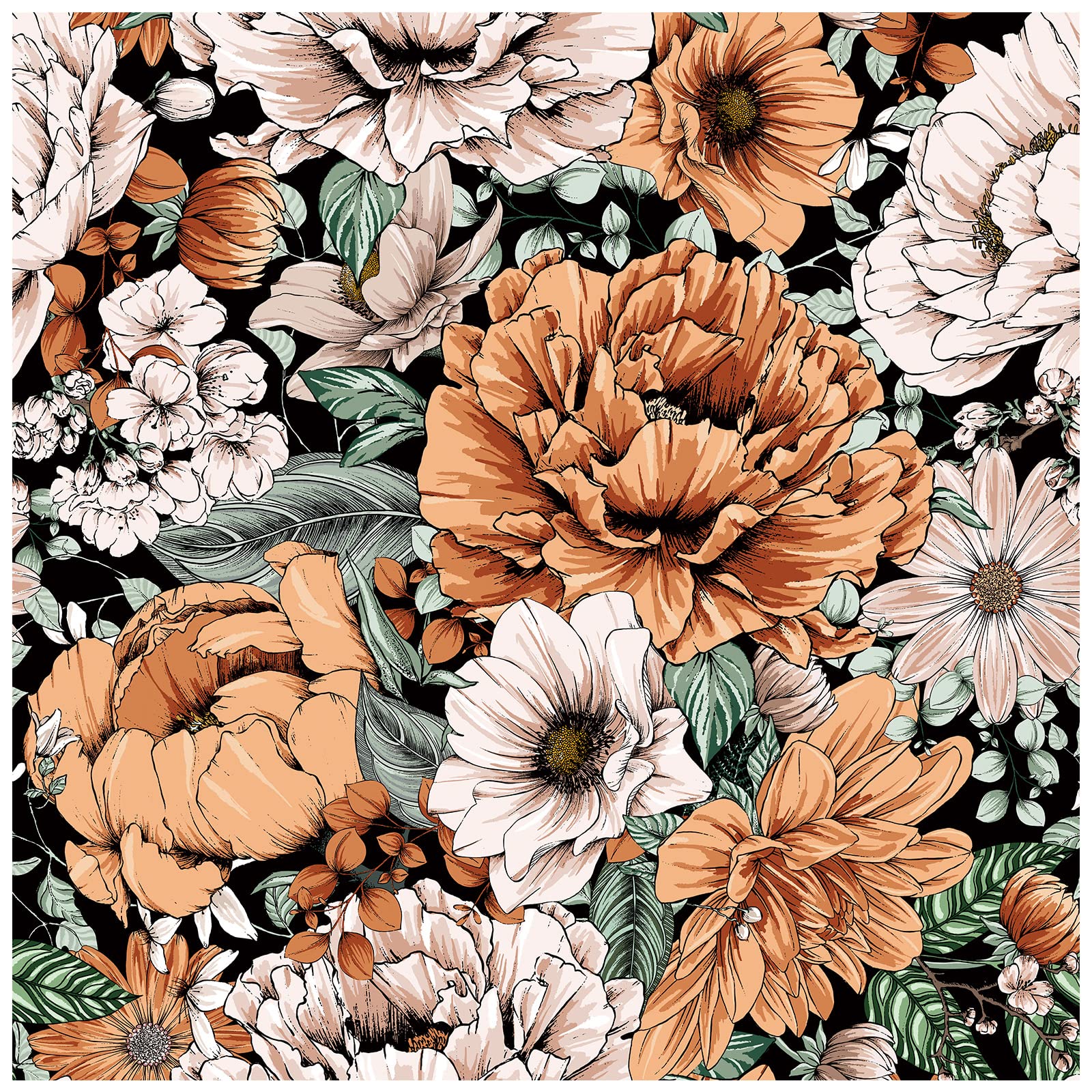 HAOKHOME 93191 Vintage Peel and Stick Floral Wallpaper Removable Large Peony Black/Orange/Pink Vinyl Self Adhesive Mural 17.7in x 9.8ft