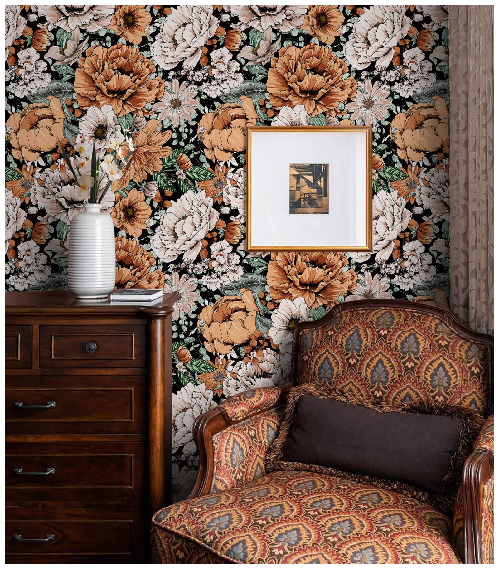 HAOKHOME 93191 Vintage Peel and Stick Floral Wallpaper Removable Large Peony Black/Orange/Pink Vinyl Self Adhesive Mural 17.7in x 9.8ft