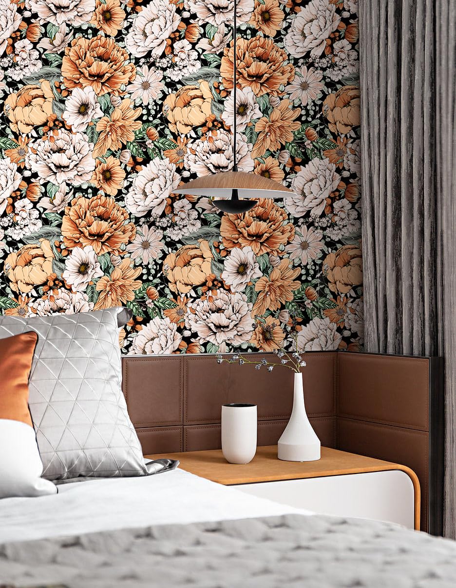 HAOKHOME 93191 Vintage Peel and Stick Floral Wallpaper Removable Large Peony Black/Orange/Pink Vinyl Self Adhesive Mural 17.7in x 9.8ft