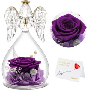 yamonic mom birthday gifts for mom grandmas, angel figurines with real rose gifts for her mom grandma,preserved flowers rose angel figurines for mothers day christmas birthday gifts for women(purple)