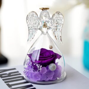 Yamonic Mom Birthday Gifts for Mom Grandmas, Angel Figurines with Real Rose Gifts for Her Mom Grandma,Preserved Flowers Rose Angel Figurines for Mothers Day Christmas Birthday Gifts for Women(Purple)