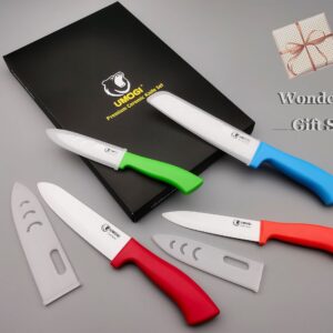 UMOGI Ceramic Kitchen Knife Set with Covers in Gift Box, Healthy Stain Resistant & Non-Rust, Dishwasher Safe - Colorful Knife Set Include Chef, Serrated Bread, Utility & Paring Knife