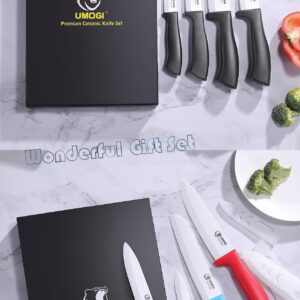 UMOGI Ceramic Kitchen Knife Set with Covers in Gift Box, Healthy Stain Resistant & Non-Rust, Dishwasher Safe - Colorful Knife Set Include Chef, Serrated Bread, Utility & Paring Knife