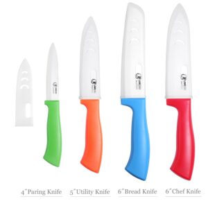 UMOGI Ceramic Kitchen Knife Set with Covers in Gift Box, Healthy Stain Resistant & Non-Rust, Dishwasher Safe - Colorful Knife Set Include Chef, Serrated Bread, Utility & Paring Knife