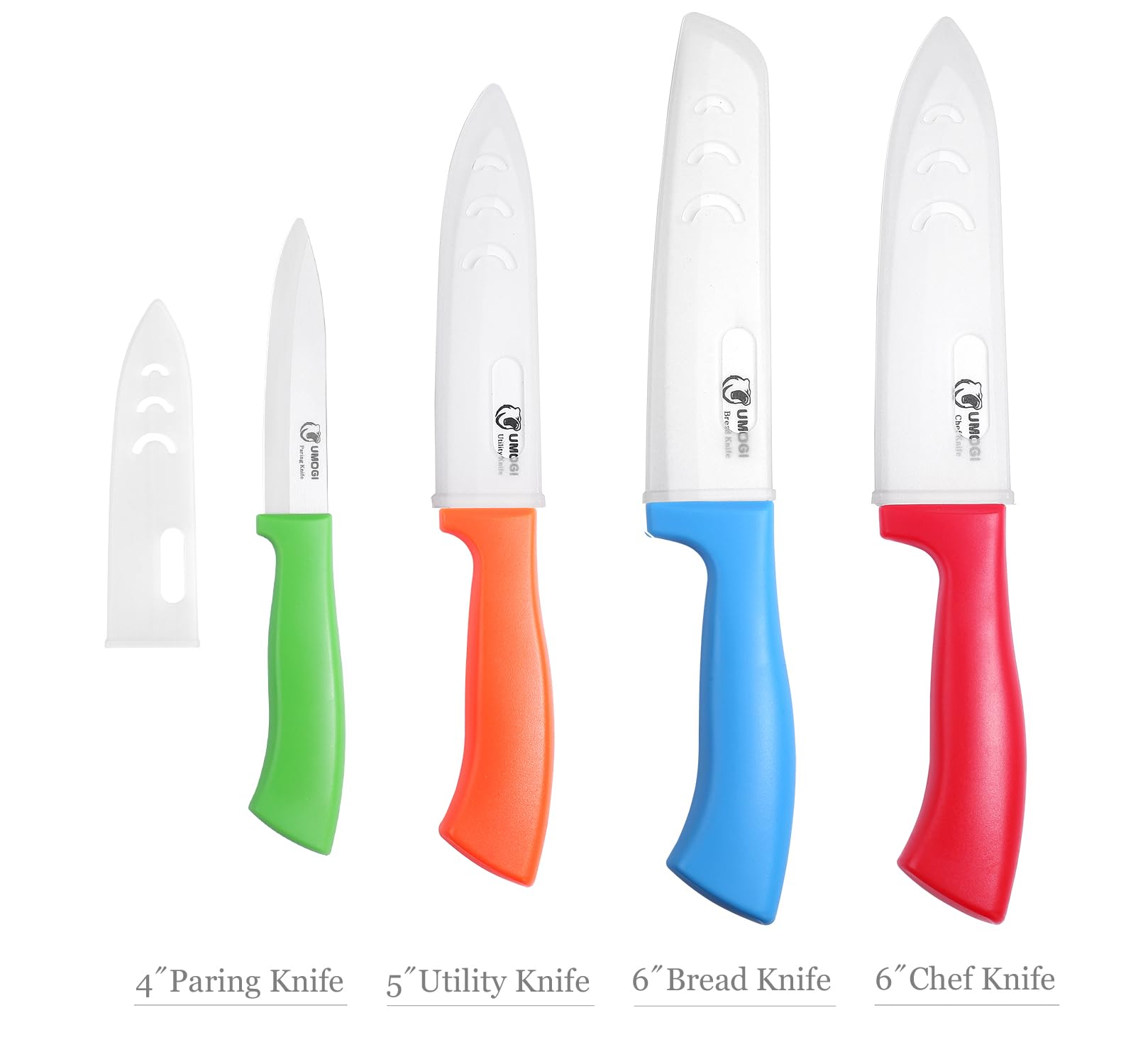 UMOGI Ceramic Kitchen Knife Set with Covers in Gift Box, Healthy Stain Resistant & Non-Rust, Dishwasher Safe - Colorful Knife Set Include Chef, Serrated Bread, Utility & Paring Knife