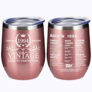 30th birthday gifts for women friends, 12 oz insulated stainless steel wine tumbler with lid, double side printed birthday thermos cup, back in 1994 old time information, best birthday gifts