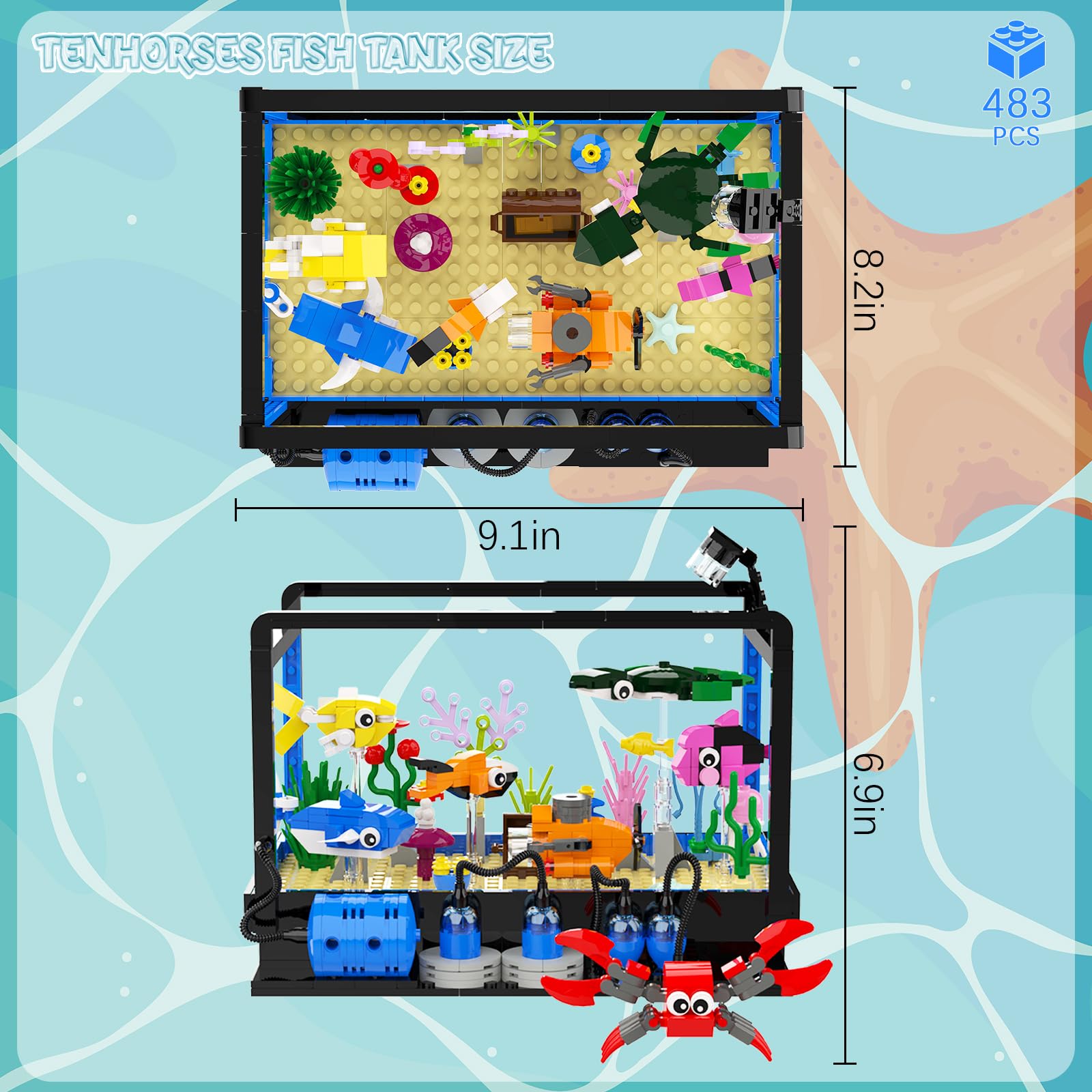 Tenhorses Fish Tank Building Block Set, Lighting Aquarium Sets Including Marine Life, a Submarine and a Treasure Chest, Building Block Toy for 6+, Gift for Sea Lovers.