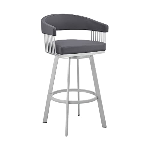 Armen Living Bronson 25" Slate Grey Faux Leather and Silver Metal Bar Stool