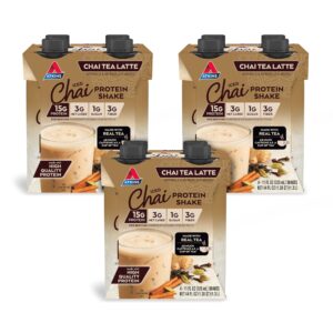 atkins chai tea latte protein shake, 15g protein, low glycemic, 3g net carb, 1g sugar, keto friendly