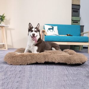 Coohom Deluxe Plush Dog Bed Pet Cushion Crate Mat,Fulffy Comfy Kennel Anti-Slip Washable Pad for Medium Large X-Large Dogs(XX-Large, Khaki)