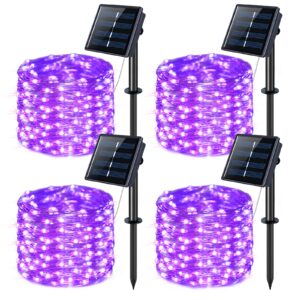 jmexsuss 4 pack purple solar christmas lights, 100 led 33ft purple solar fairy lights, 8 modes copper wire solar string lights outdoor waterproof for halloween christmas garden yard tree decor