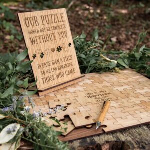 wedding guest book alternative jigsaw puzzle personalized guestbook | laser engraved wooden pieces for party engagement reception anniversary (150 piece - cursive font)