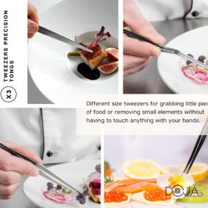 DOJA Barcelona | Chef Plating tools culinary set | BLACK | 7 Professional cooking Utensils | 3 kitchen tweezers Drawing Pencil Spoon Fish tongs Spatula Slotted spoon | Modernist cuisine food art