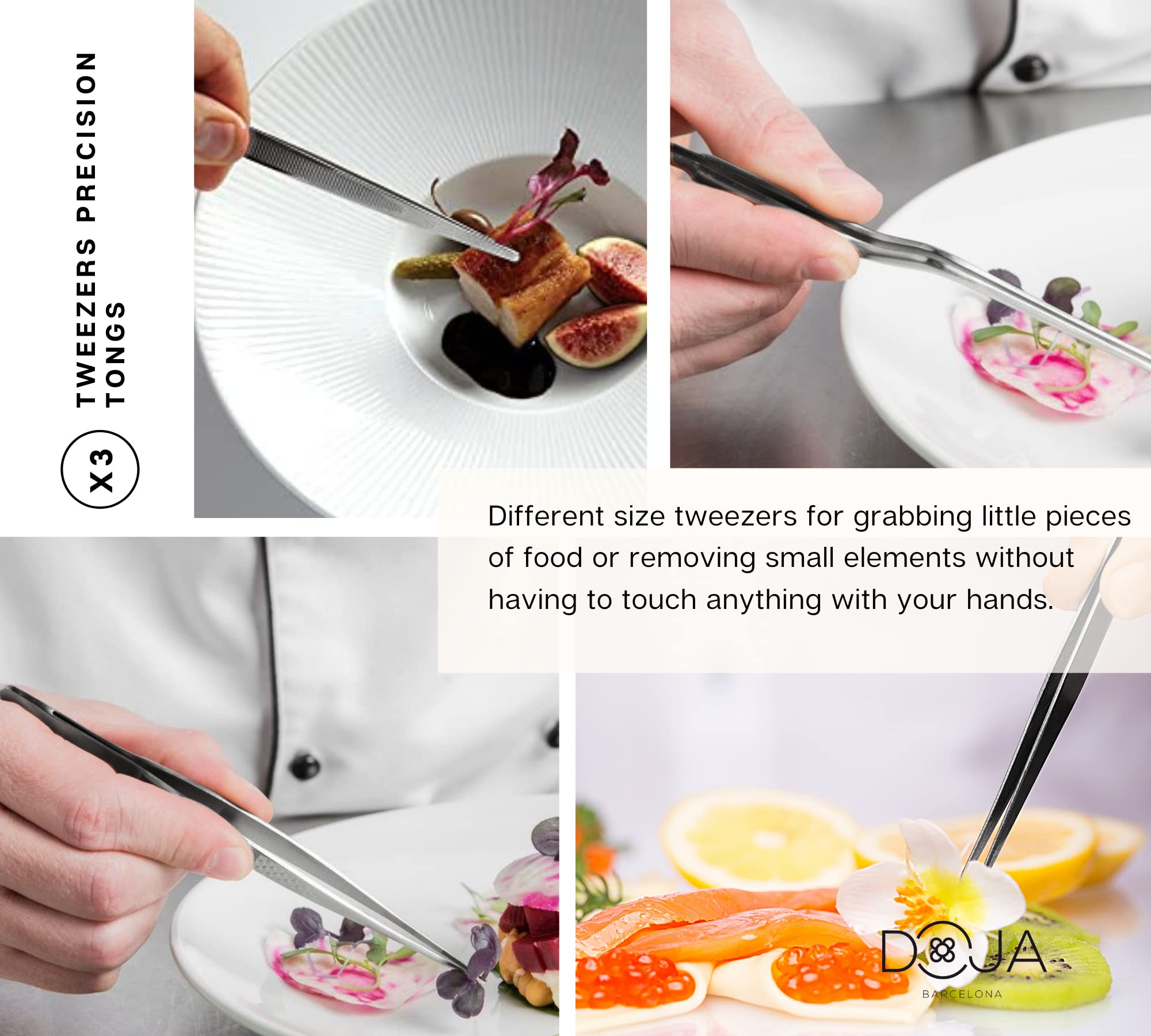 DOJA Barcelona | Chef Plating tools culinary set | BLACK | 7 Professional cooking Utensils | 3 kitchen tweezers Drawing Pencil Spoon Fish tongs Spatula Slotted spoon | Modernist cuisine food art