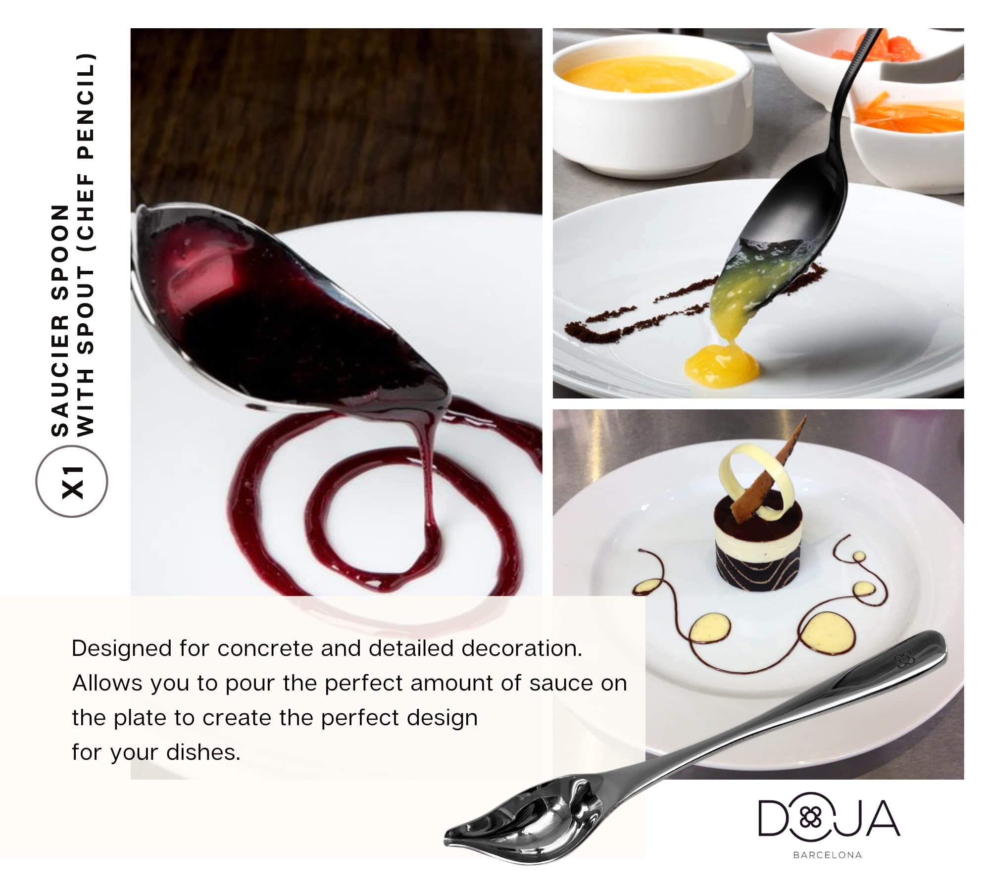 DOJA Barcelona | Chef Plating tools culinary set | BLACK | 7 Professional cooking Utensils | 3 kitchen tweezers Drawing Pencil Spoon Fish tongs Spatula Slotted spoon | Modernist cuisine food art