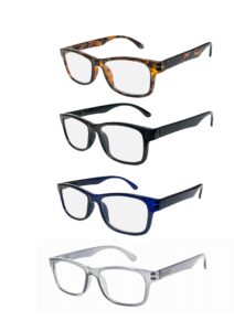 4 pack of blue light blocking reading glasses - scratch resistant readers for men, women (timeless classics, 1.50)