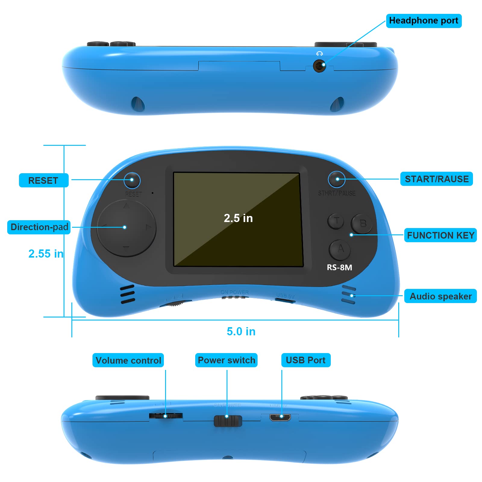 E-MODS GAMING Kids Handheld Games 16 Bit Retro Video Games Console with 220 HD Electronic Games - 2.5'' LCD Portable Travel Games Entertainment Gifts for Boys Girls Ages 4-12 (Sky Blue)