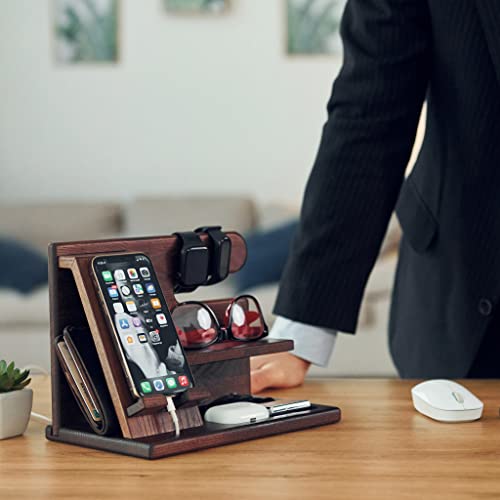 TESLYAR Wood Phone Docking Station Ash Key Holder Wallet Stand Watch Organizer Men Gift Husband Wife Anniversary Dad Birthday Nightstand Purse Father Graduation Male Travel Idea Gadgets… (Deep Brown)