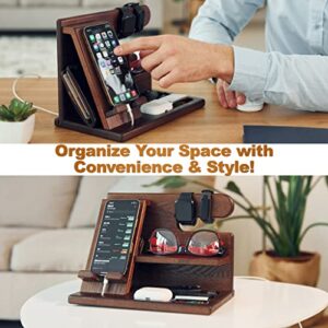 TESLYAR Wood Phone Docking Station Ash Key Holder Wallet Stand Watch Organizer Men Gift Husband Wife Anniversary Dad Birthday Nightstand Purse Father Graduation Male Travel Idea Gadgets… (Deep Brown)