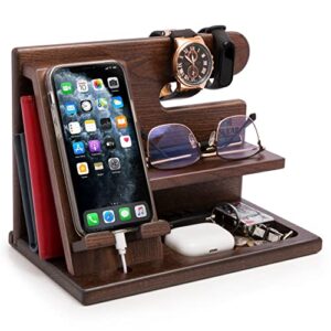 teslyar wood phone docking station ash key holder wallet stand watch organizer men gift husband wife anniversary dad birthday nightstand purse father graduation male travel idea gadgets… (deep brown)