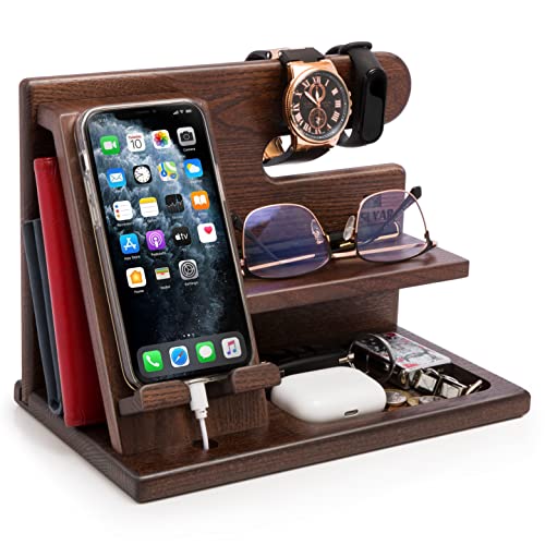 TESLYAR Wood Phone Docking Station Ash Key Holder Wallet Stand Watch Organizer Men Gift Husband Wife Anniversary Dad Birthday Nightstand Purse Father Graduation Male Travel Idea Gadgets… (Deep Brown)