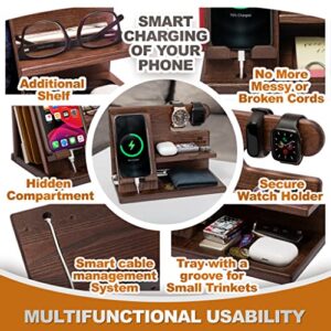 TESLYAR Wood Phone Docking Station Ash Key Holder Wallet Stand Watch Organizer Men Gift Husband Wife Anniversary Dad Birthday Nightstand Purse Father Graduation Male Travel Idea Gadgets… (Deep Brown)