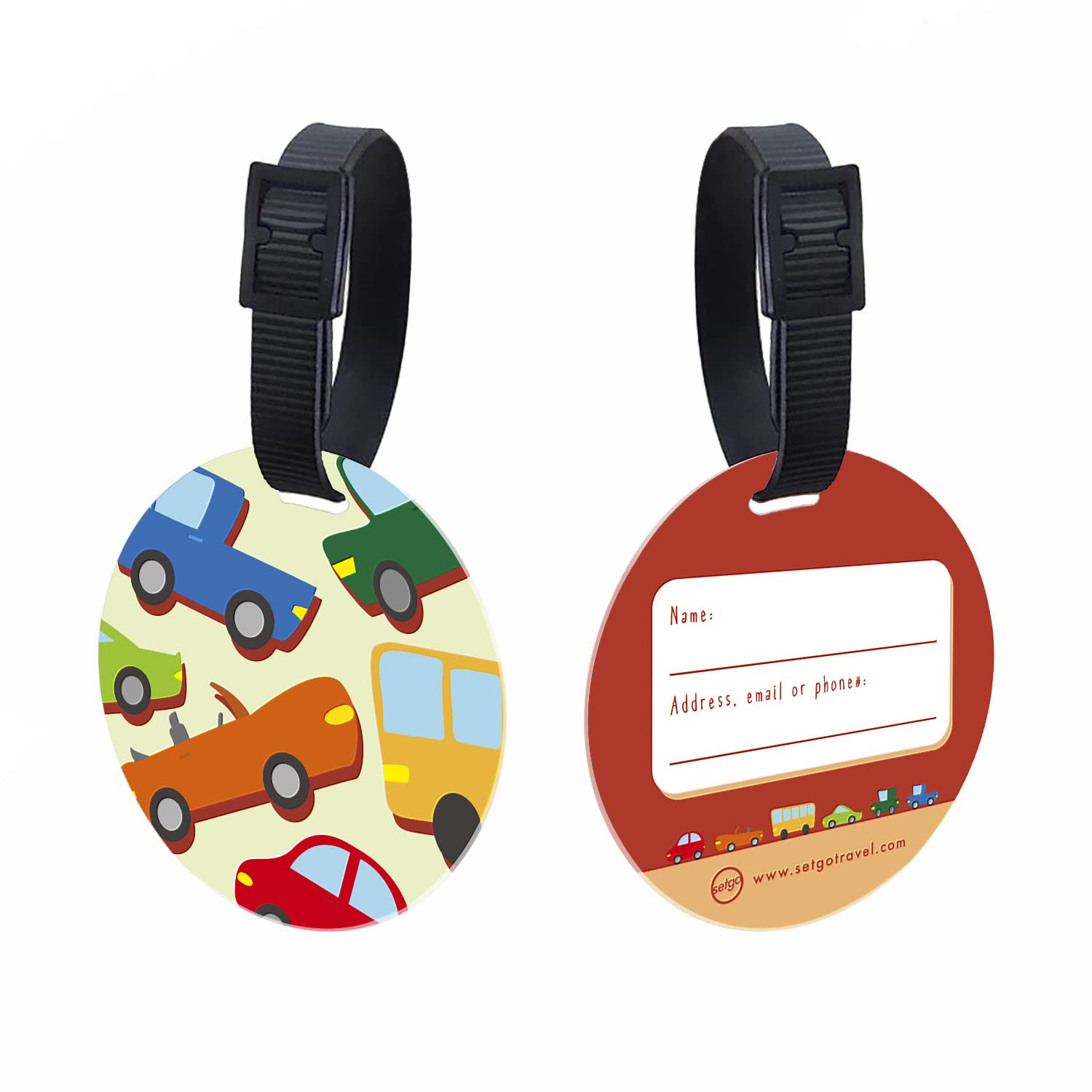 SetGo Car Name Tag for Kids, Plastic Backpack Tag, Set of 2, Customized Tag – Great for Boys and Girls at School Daycare Kindergarten (Cars & Wheels)