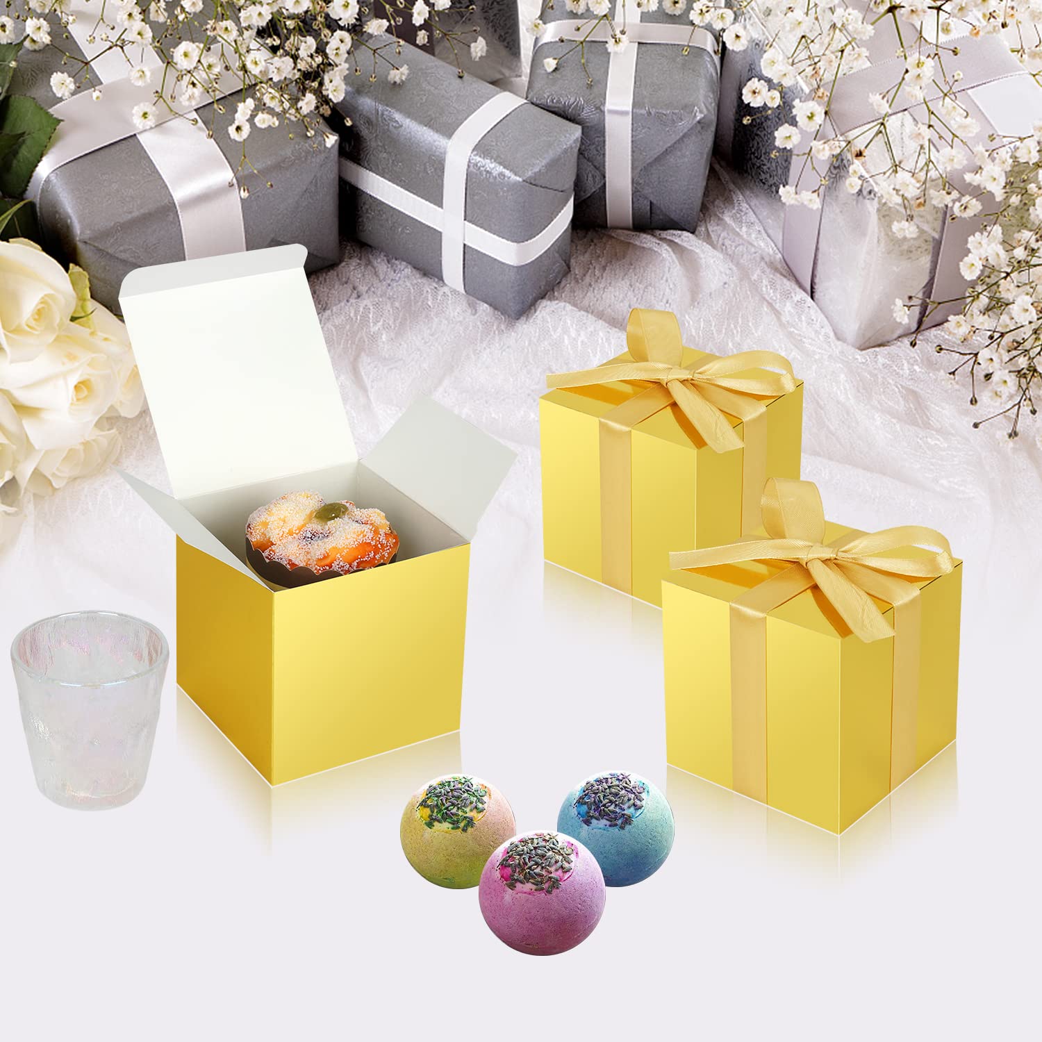 DOYIDE 50 Pack Small Gift Boxes, 3x3x3 Favor Boxes Gold Paper Gift Boxes with Lids for Presents, Crafting, Cupcake Boxes, Gifts, Candy Boxes for Wedding Party Bridal Shower Baby Shower Favors