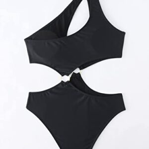 Hilinker Women's Sexy Ring Front Cut Out One Piece Swimsuit Halter Bathing Suit S-Black Small