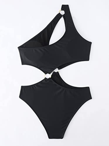 Hilinker Women's Sexy Ring Front Cut Out One Piece Swimsuit Halter Bathing Suit S-Black Small