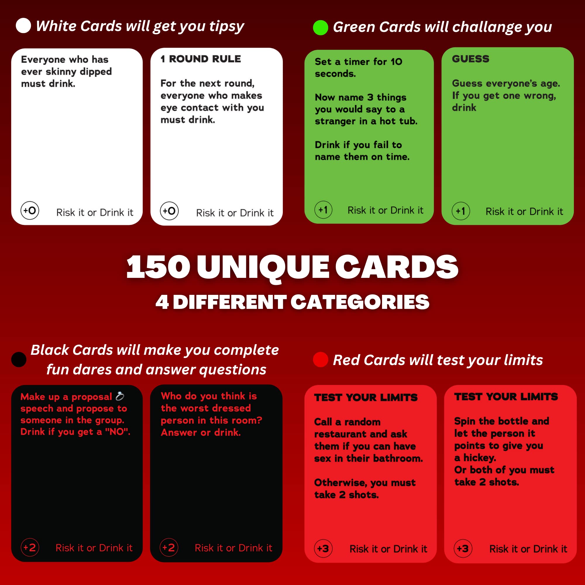 Fun Drinking Game for Parties: 150 Hilarious Dares & Risky Questions for Adults Games Nights - Adult Cards for Party Pregames, College or Bachelorette