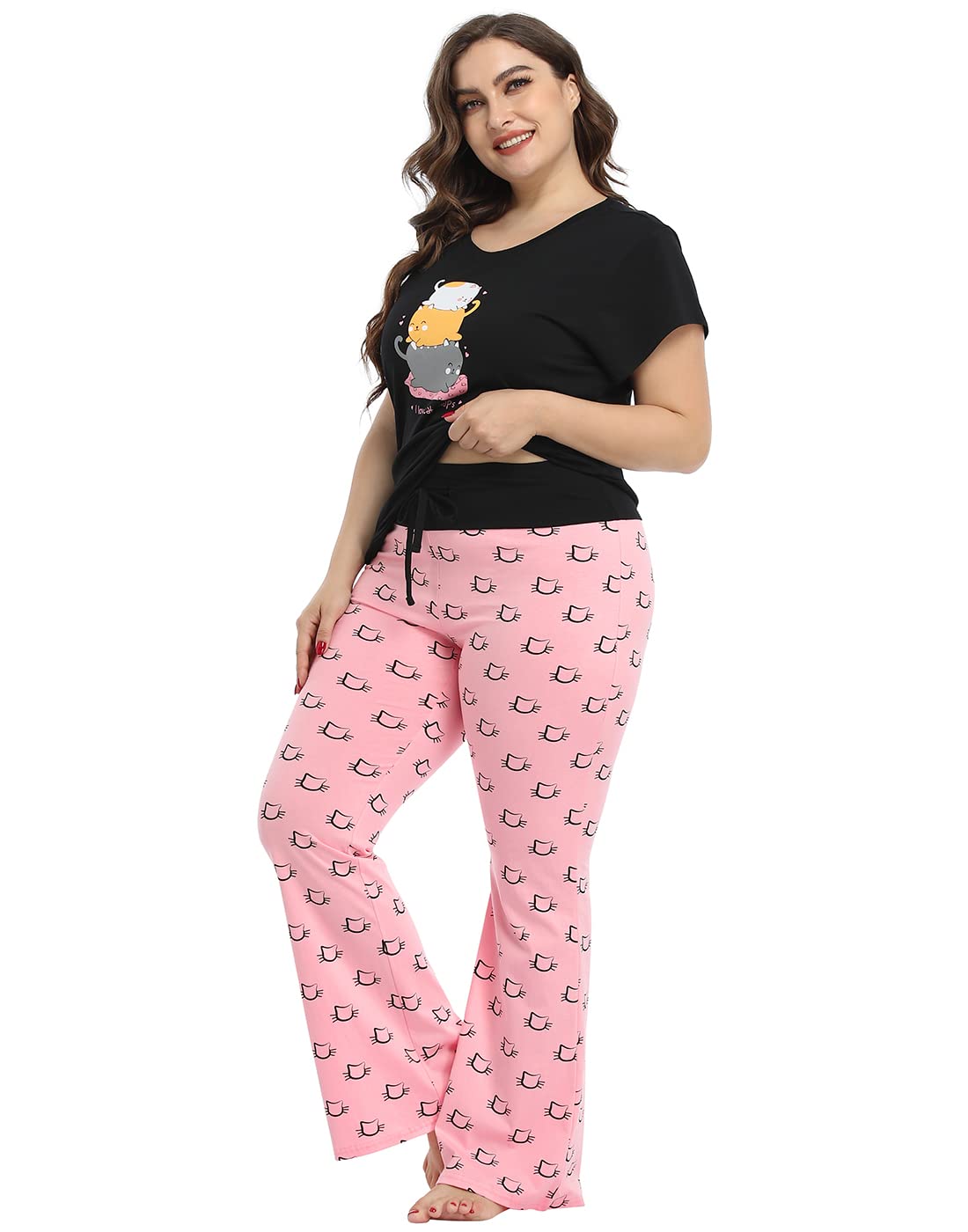 HDE Plus Size Pajamas for Women Pajama Set Two Piece Loungewear PJ Sets Love Cat Naps - 3X