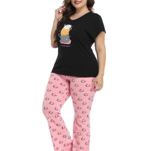 HDE Plus Size Pajamas for Women Pajama Set Two Piece Loungewear PJ Sets Love Cat Naps - 3X