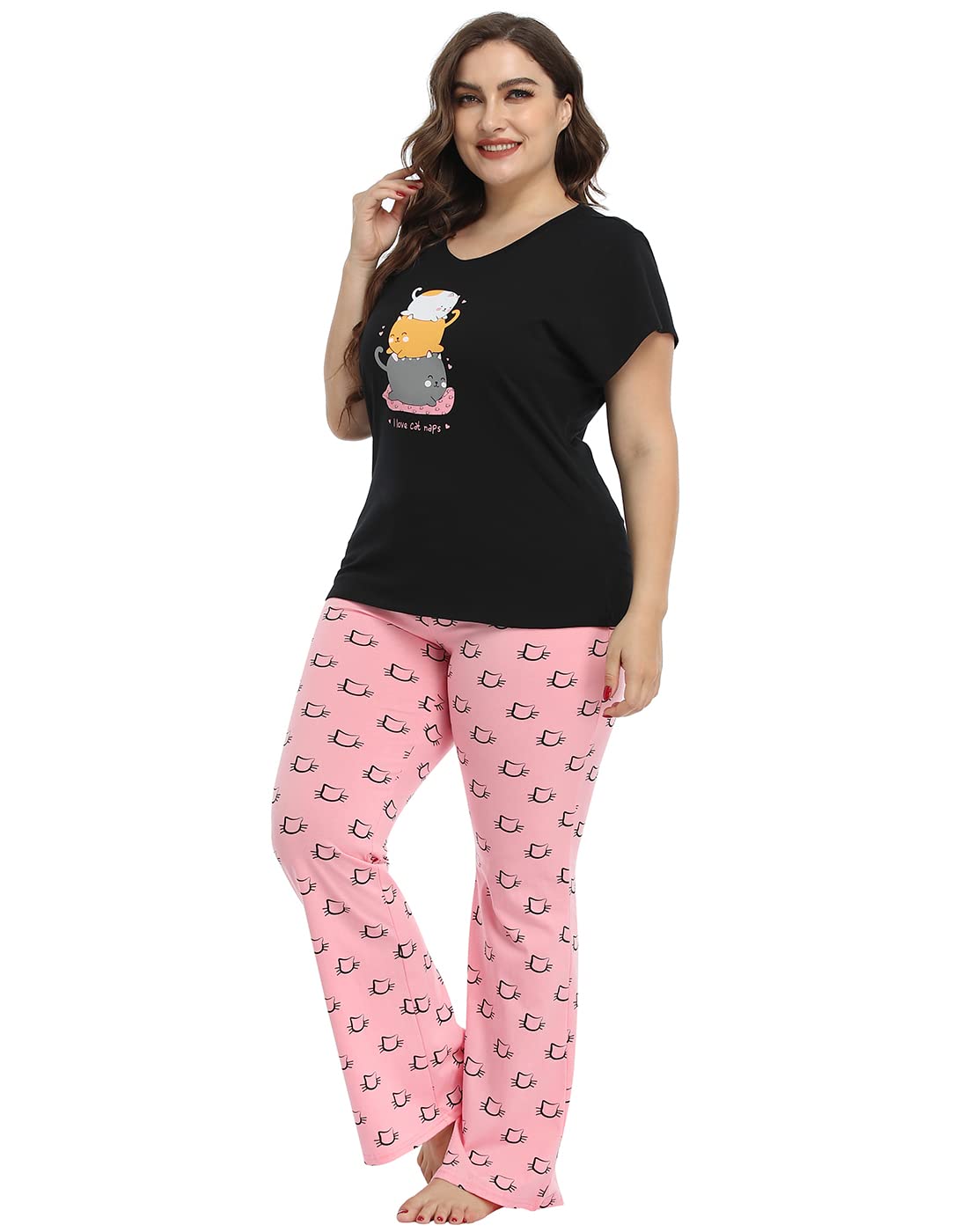 HDE Plus Size Pajamas for Women Pajama Set Two Piece Loungewear PJ Sets Love Cat Naps - 3X